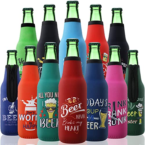 Summer Beer Bottle Insulator Sleeve with Zipper Neoprene Insulated Bottle Jackets Keep Warm and Cold Beer Bottle Sleeves with Stitched Fabric Edges for Party (12 Piece, Bright Style)