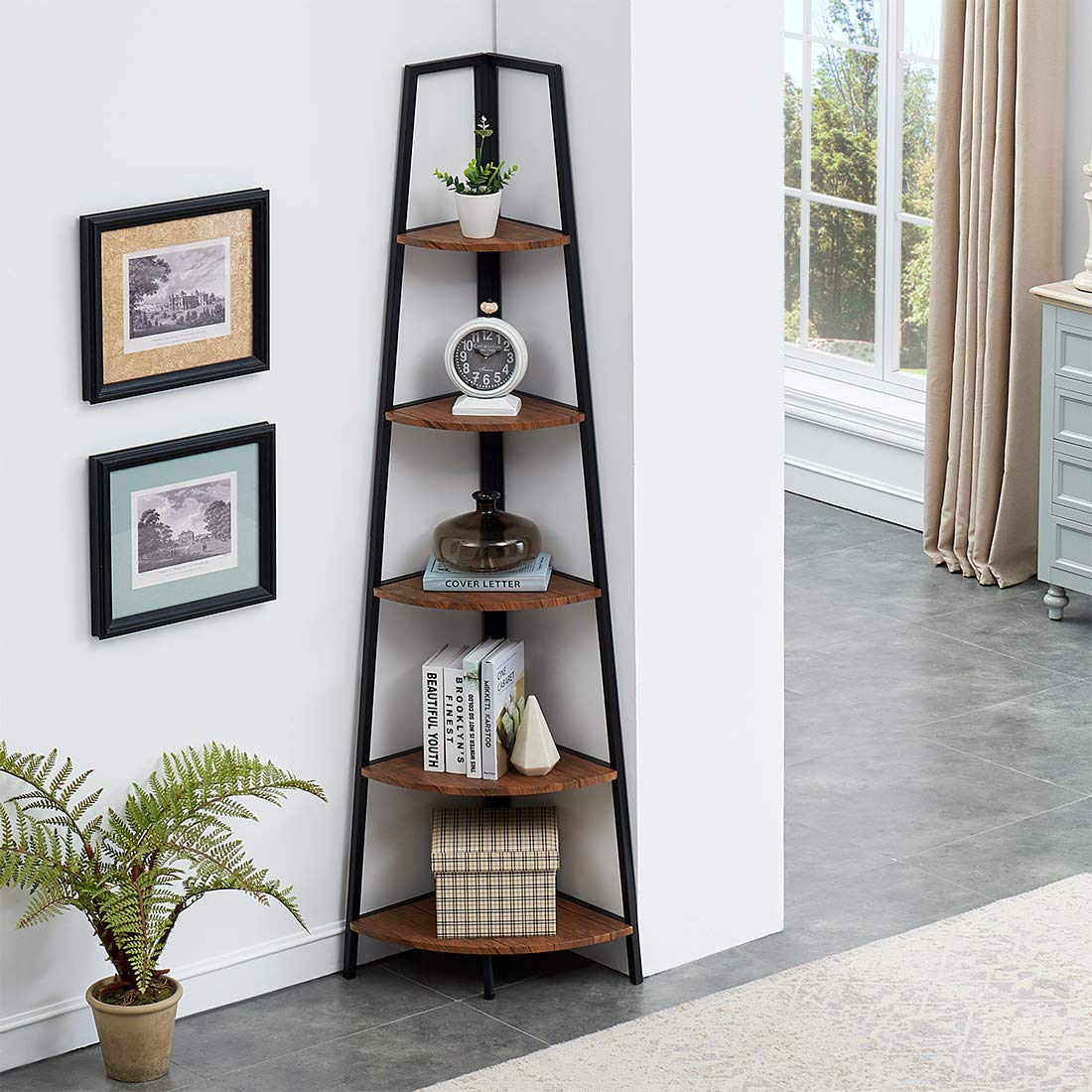 O&K FURNITURE Industrial Tall Corner Bookshelf, 5 Tier Corner Display Unit Shelves, Brown Finish