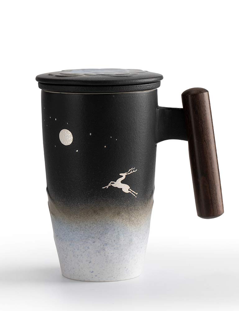 TANG PIN Moonlight Deer Ceramic Tea Cup with Infuser and Wooden Handle Steeping Mug 13.5 OZ (Black&White)