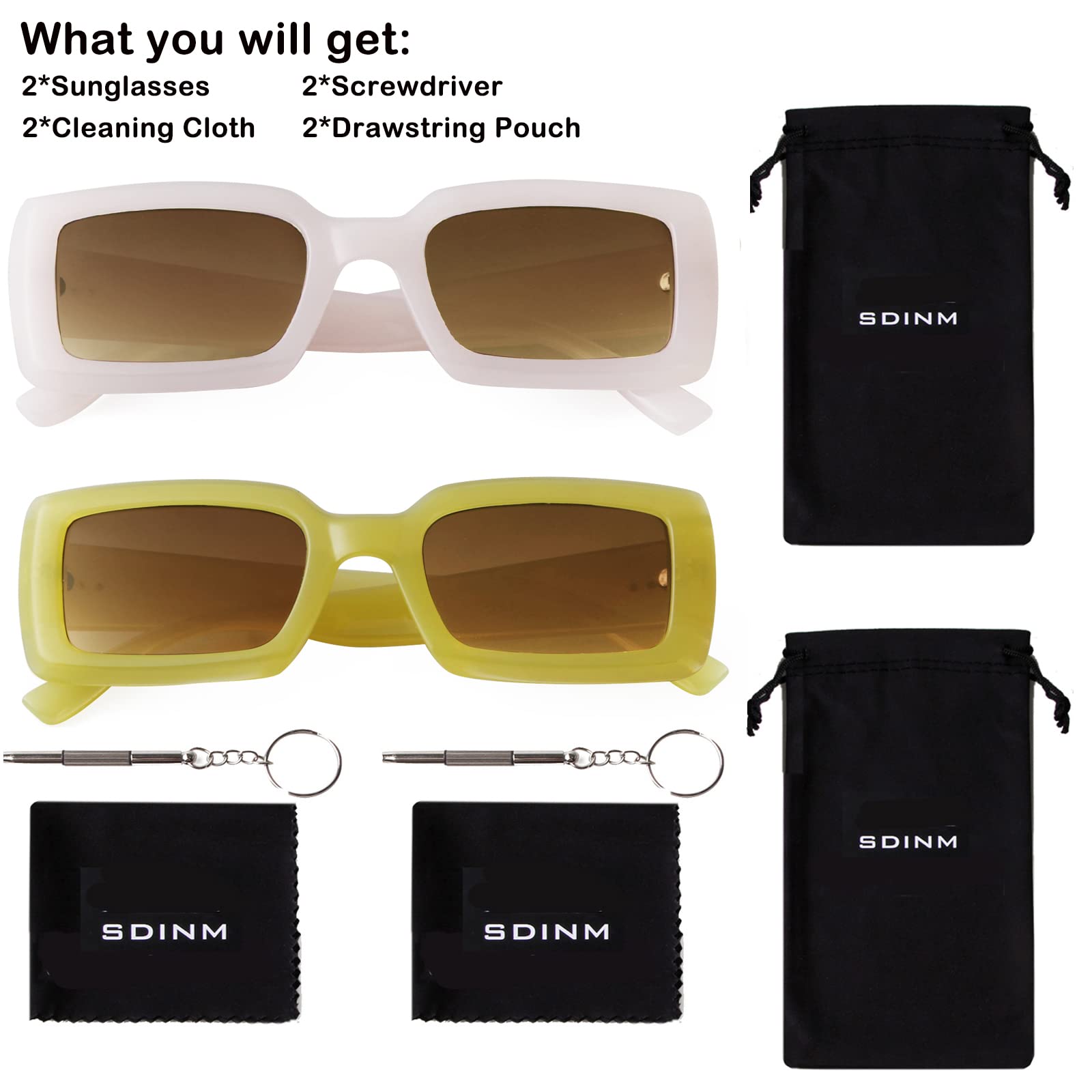 SDINM Vintage Rectangle Sunglasses for Women Men Chunky Frame Square Glasses Retro 90’s Nude Sunglasses