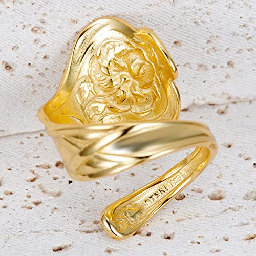 TimemoryUS Spoon Ring, S925 Sterling Silver Rose Adjustable Open Gold Antique Spoon Rings For Women Size 6-10 (gold)