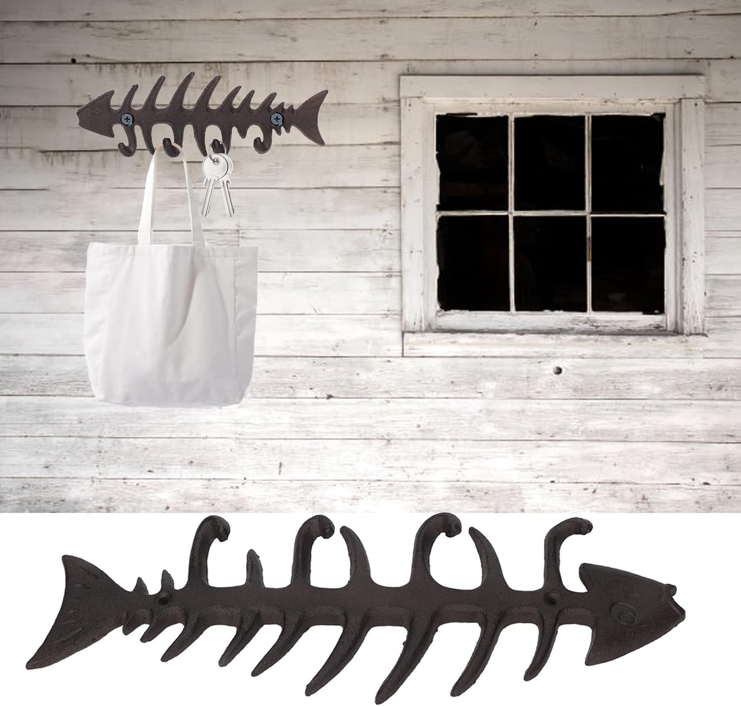 Wusdayer Fish Bones Rack Wall Mounted,Fish Decor Outdoor Towel Hooks,4 Hooks European Style Towel Metal Hand Towel Holder for Home Kitchen (Large)