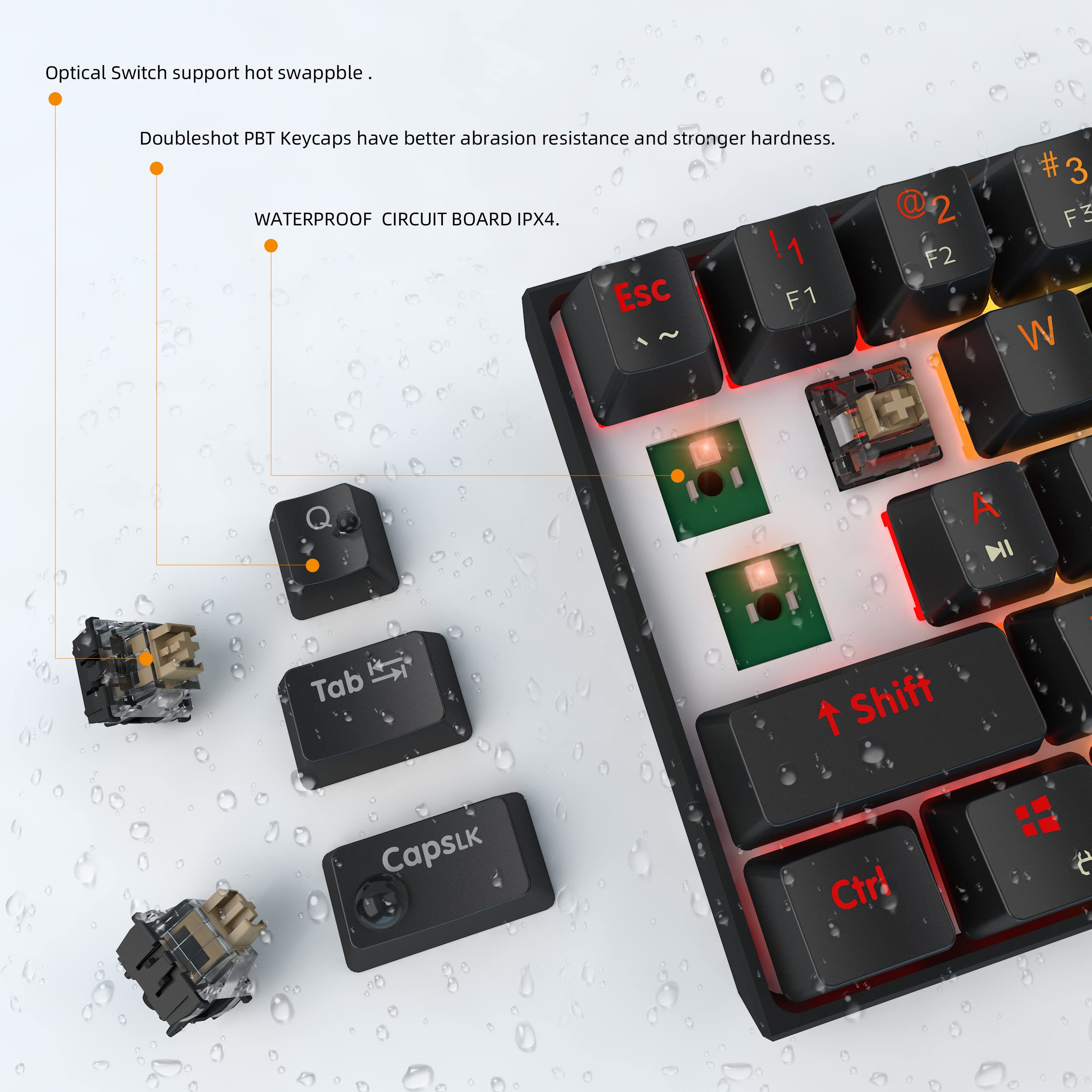 Ractous RTK63P 60% Mechanical Gaming Keyboard RGB Backlit PBT keycaps 63key Ultra-Compact Wired Keyboard Programmable for PC/Mac Gamers,Hot-Swappable Optical Red Switch (Black)