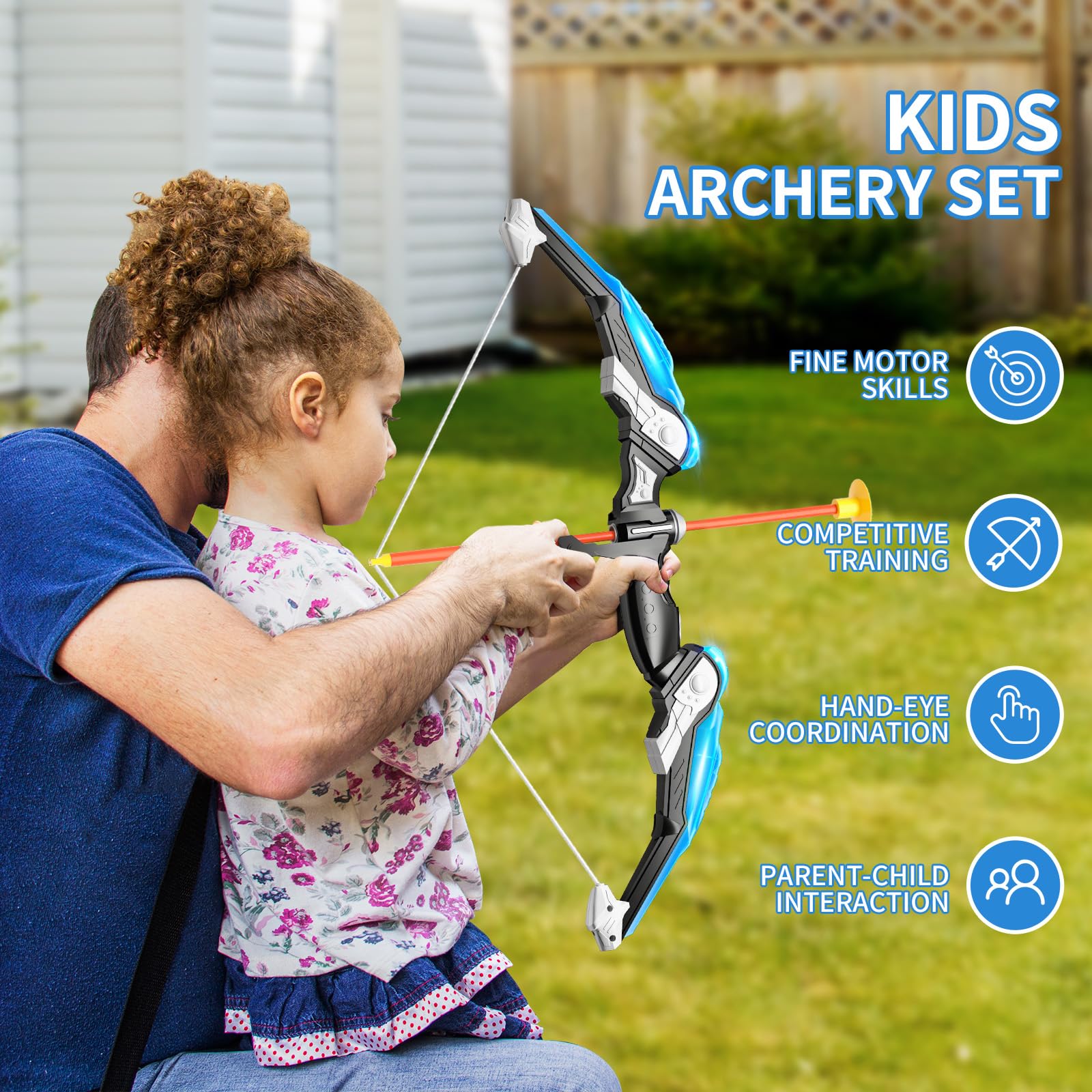 TEMI 2 Pack Archery Set - Includes 2 Bows, 20 Suction Cup Arrows & 2 Quivers & Standing Target, Outdoor Light Up Toys for Kids Boys Girls