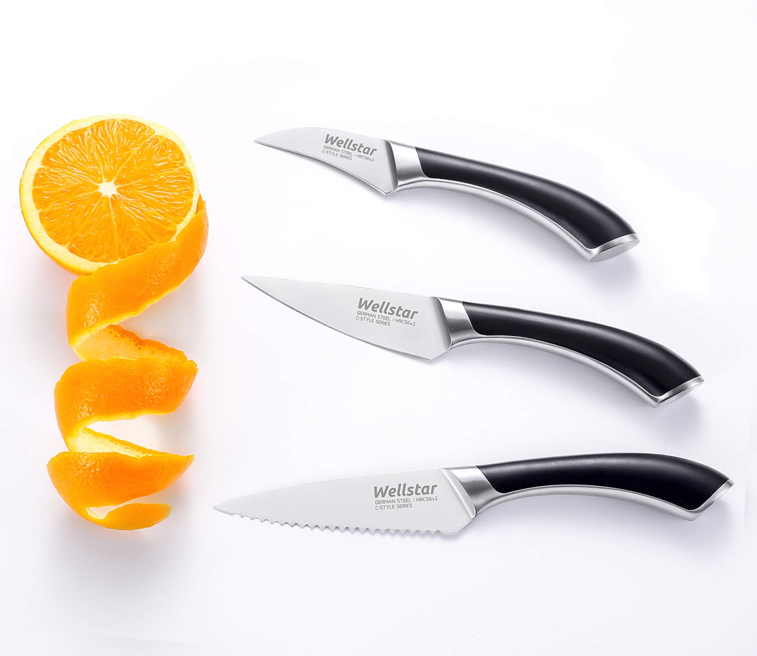 WELLSTAR Paring Knives Set, 3-Piece Fruit Peeling Knife Set, 2.75 Inch Bird Beak, 3.5 Inch Paring, 4 Inch Serrated Utility, Super Sharp German Stainless Steel Forged Blade and Full Tang Handle