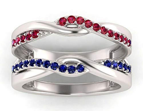 Sea Of Jewels Created Round Cut Ruby & Sapphire Gemstones In 925 Sterling Silver 14K White Gold Over Diamond Enhancer Guard Wedding Ring for Women's