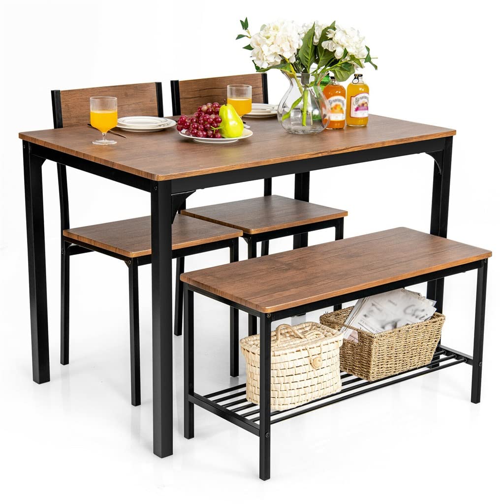 MJWDP 4 Piece Dining Table Set Antique Desk 2 Chairs and Bench with Storage Rack Brown/Grey (Color : D, Size : As Shown)