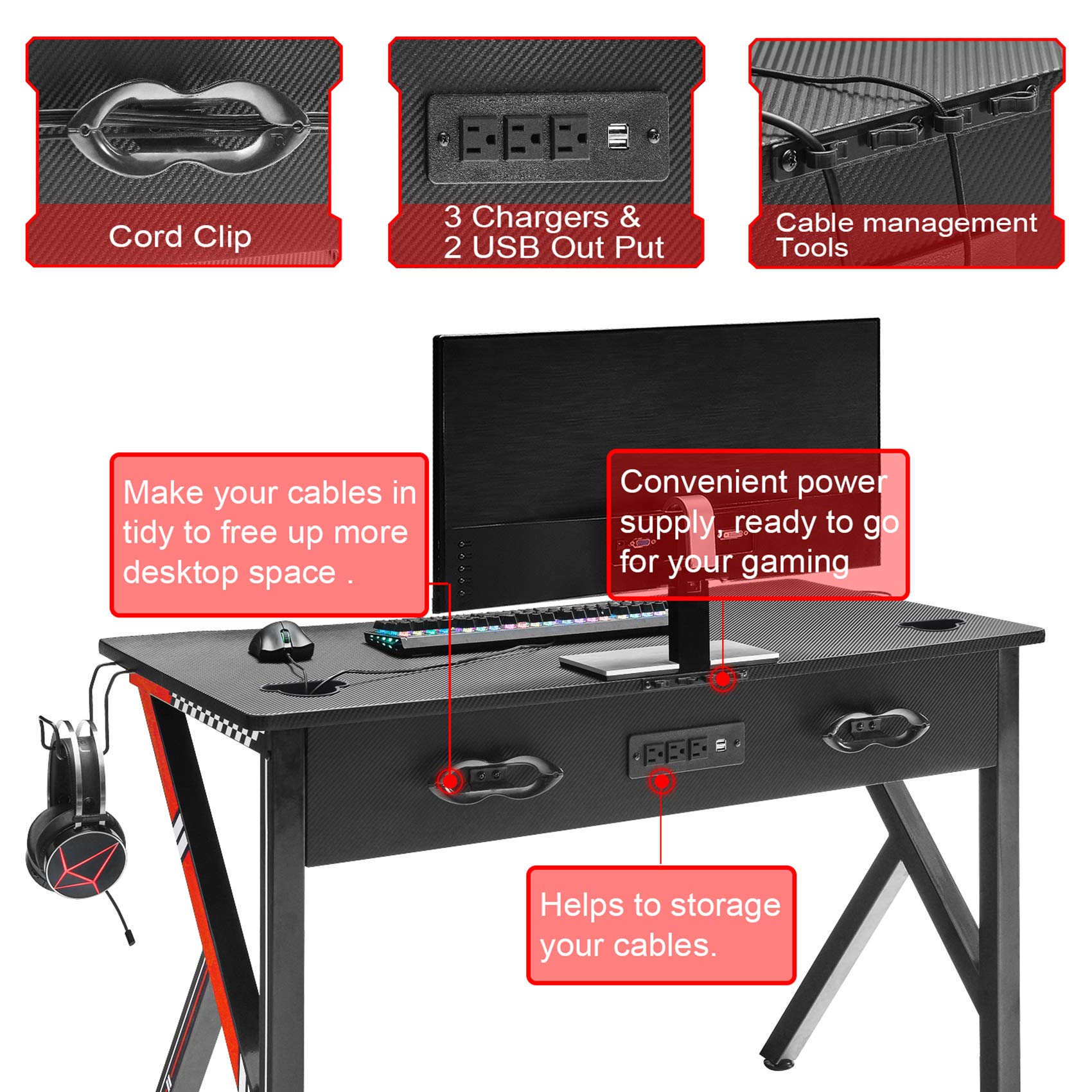 Mr IRONSTONE Gaming Desk 45.2" W x 23.6" D Home Office Computer Desk, Gamer Workstation with Socket of 3-Outlet & 2 USB Ports, Cup Holder, Headphone Hook and Cable Management (Red)