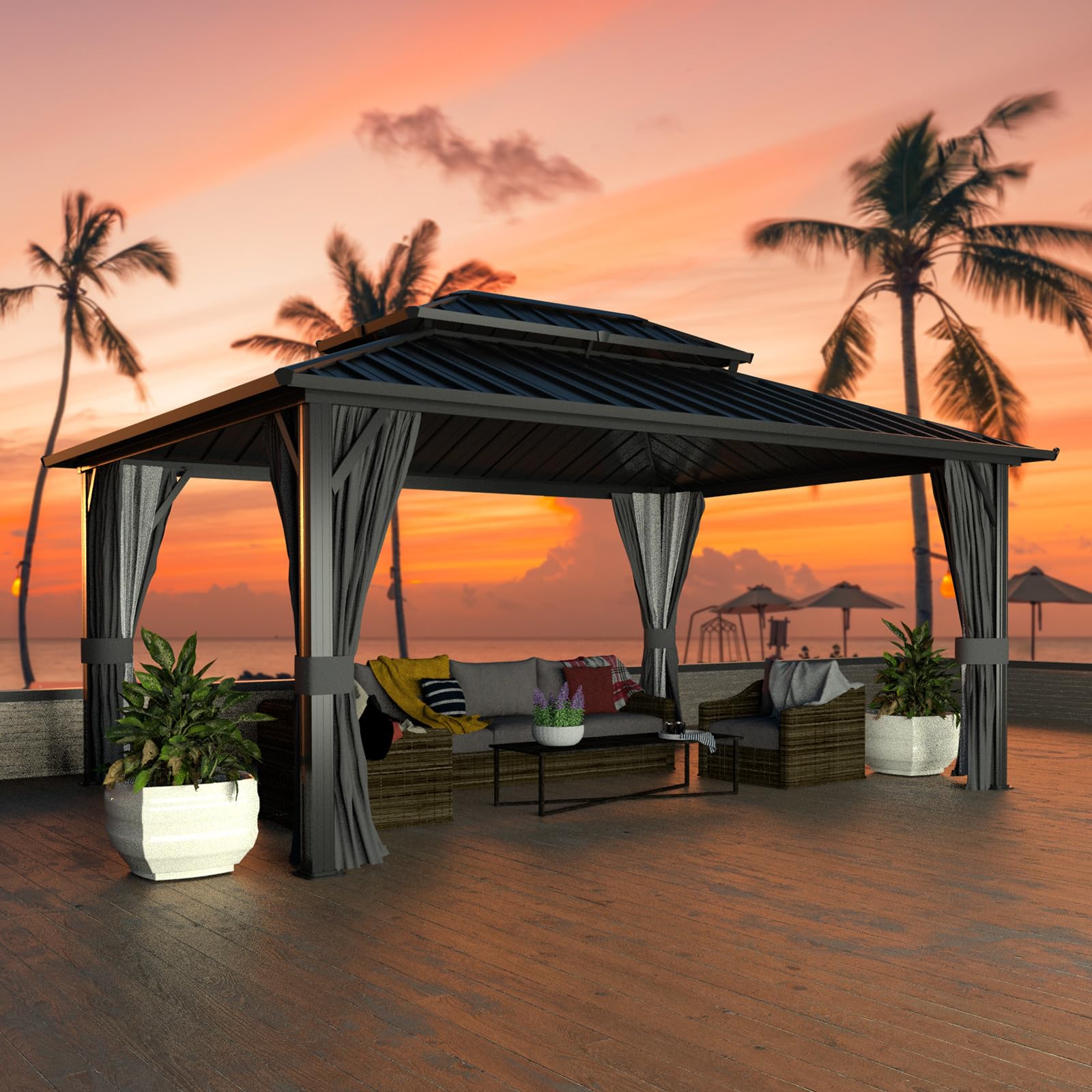 MUPATER 12x14FT Outdoor Galvanized Steel Gazebo with Double Roof Canopy, Aluminum Frame, Netting and Curtains for Patios, Deck, Lawns, Gardens