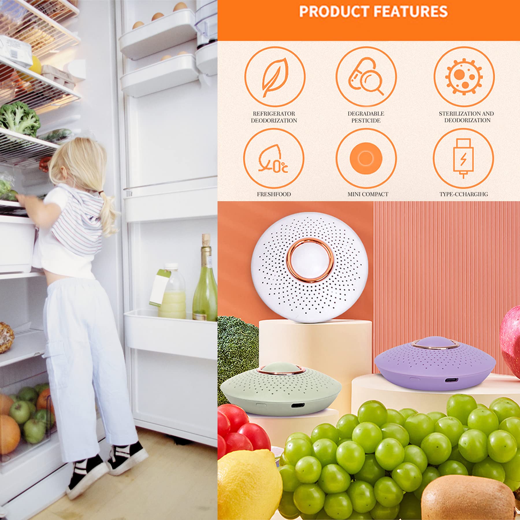 WARMON Refrigerator Deodorizer,Portable USB Rechargeable Refrigerator deodorizer, Outperforms Than Baking Soda and Charcoal Bags,Fridge and Freezer Odor Absorber to Keep Food Fresh Longer(Lilac)