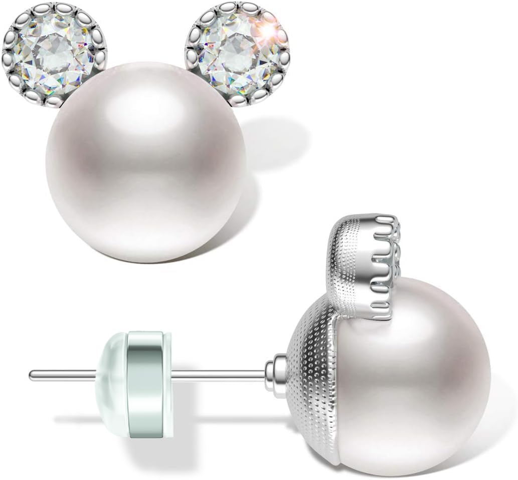 PANSTAR Pearl Earrings for Women Cute Stud Hypoallergenic Sterling Silver Ear posts Small Mini Mouse Earrings For Women| Jewelry for Women| Come with Gift Box