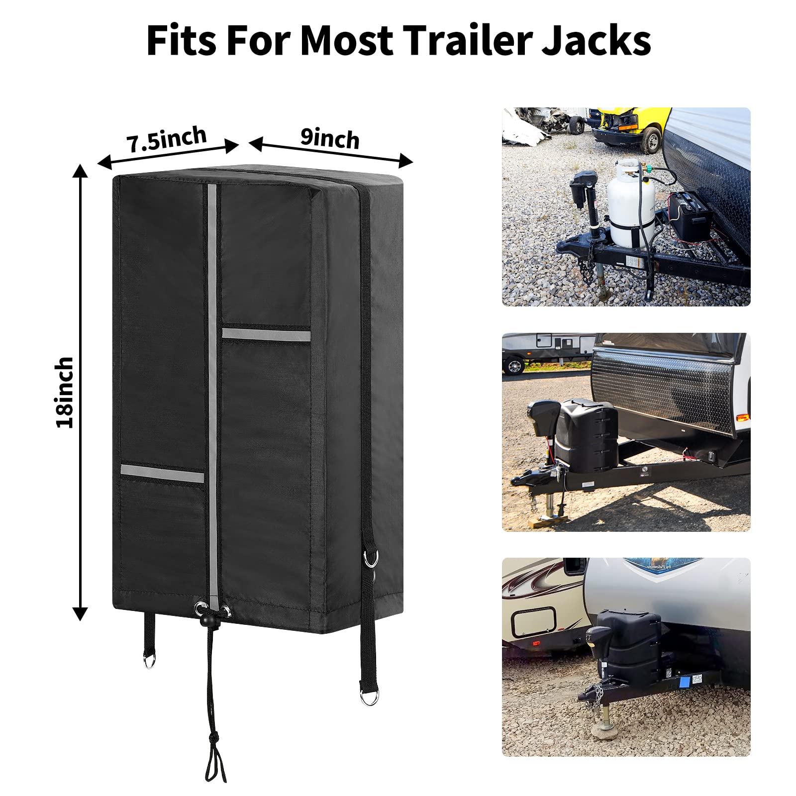MoKo Tongue Jack Cover, Universal Trailer Jack Cover Waterproof Heavy Duty 600D Nylon Camper RV Jack Cover with Reflective Strips 9 x 18 Inches - Black