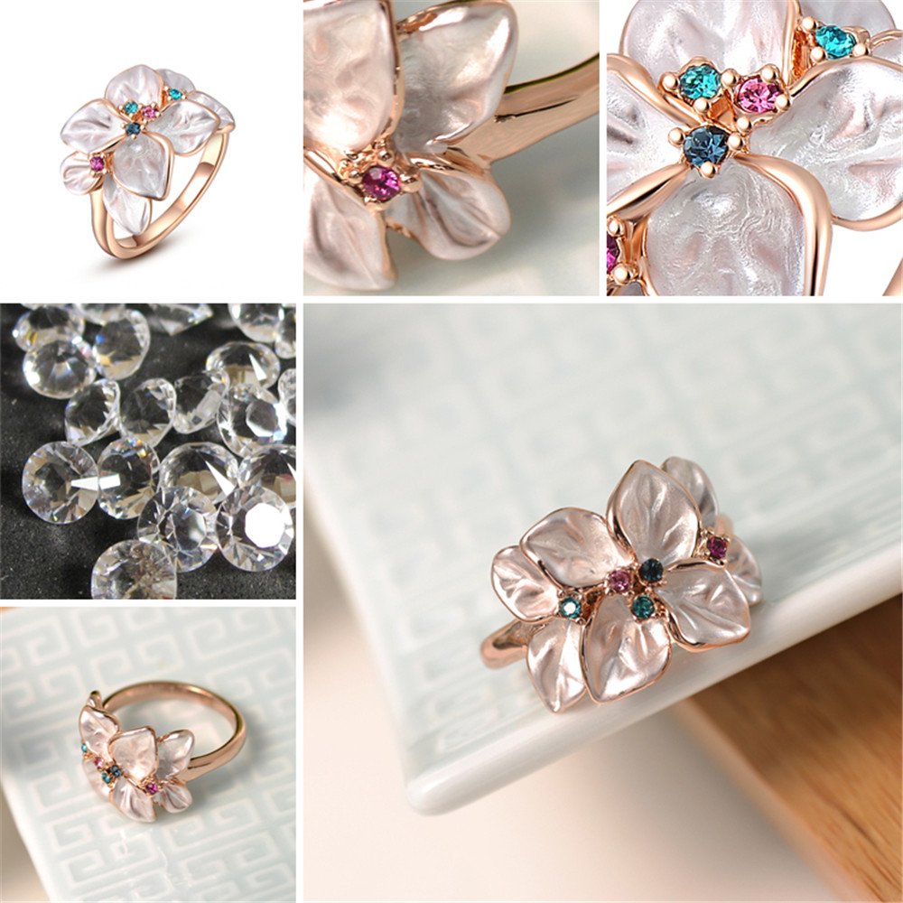 PAMTIER Women's White Enamel Flower 18K Rose Gold Plated Ring Color Cubic Zirconia Promise Size 8
