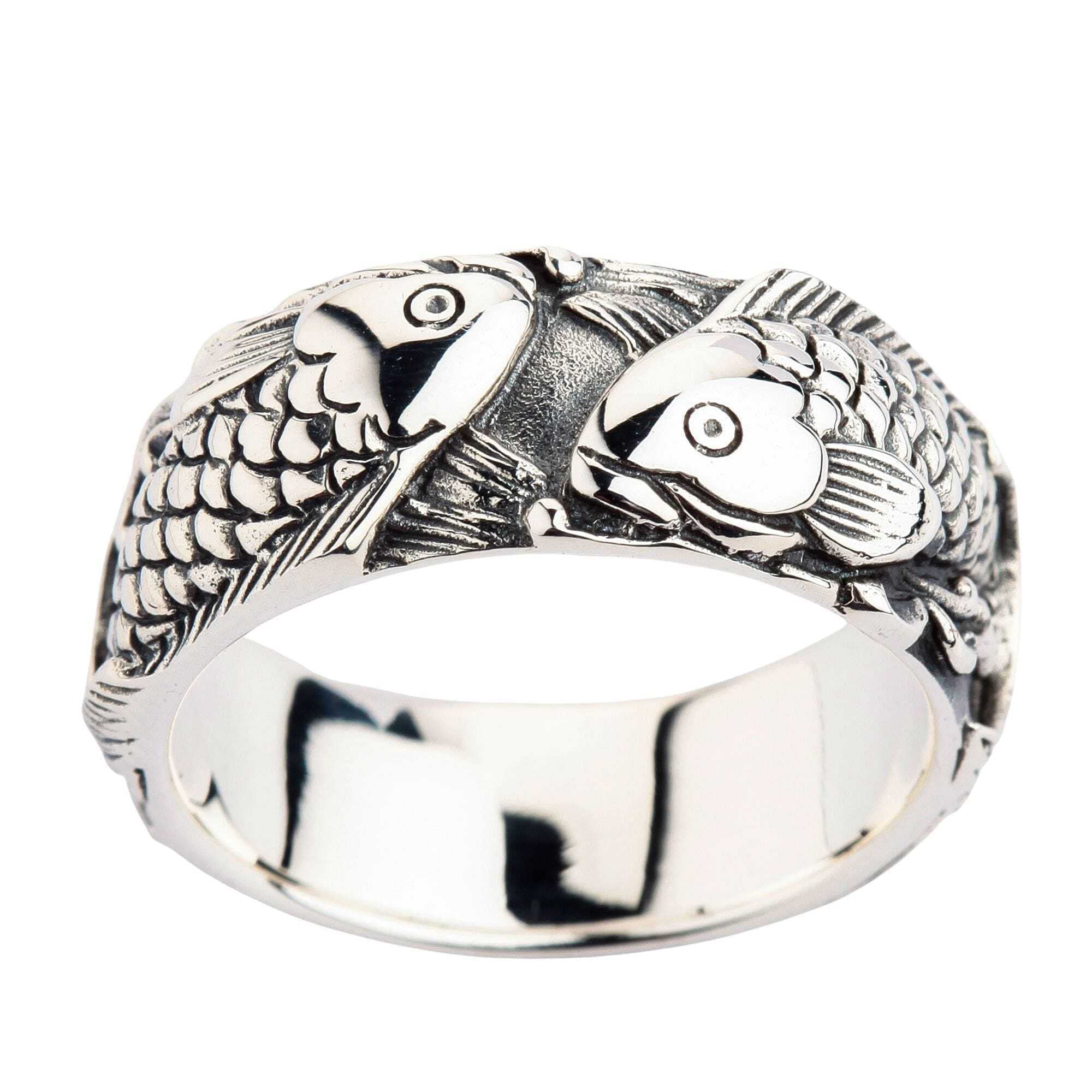Sterling 925 Silver Japanese Koi Fish Wedding Band Rings Size 9.5