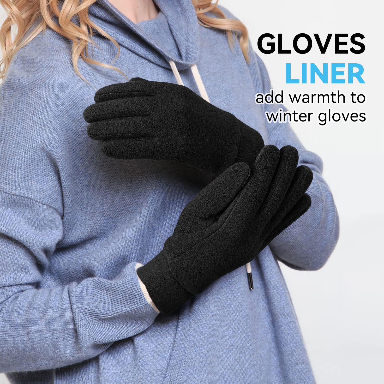OZERO Warm Gloves Touch Screen Winter Thermal Glove Liners Elastic Cuff Soft Polar Fleece in Cold Weather for Men and Women (Black,Large)