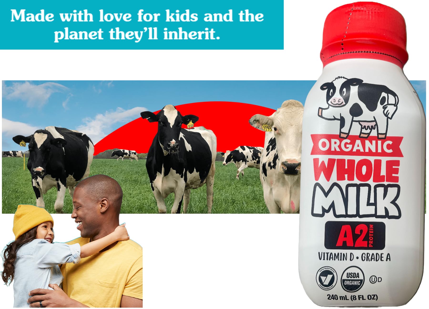 Milk A2 Whole Milk Organic Shelf Stable Whole Milk Bottle, Grass Fed Milk has Vitamin D & A2 Protein, Plus BETRULIGHT Fridge Decal - Single Serve, 8.0 Fl oz (Pack of 6)