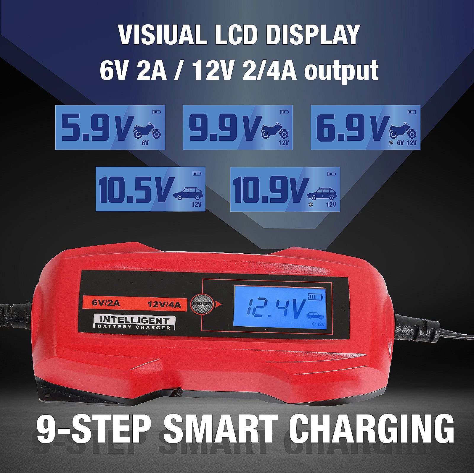 Torin ATR4DVLB Fully Automatic 2/4-Amp Smart Charger: High Frequency Battery Desulfator, 6V and 12V Battery Charger Maintainer Trickle Charger with Temperature Compensation , Red