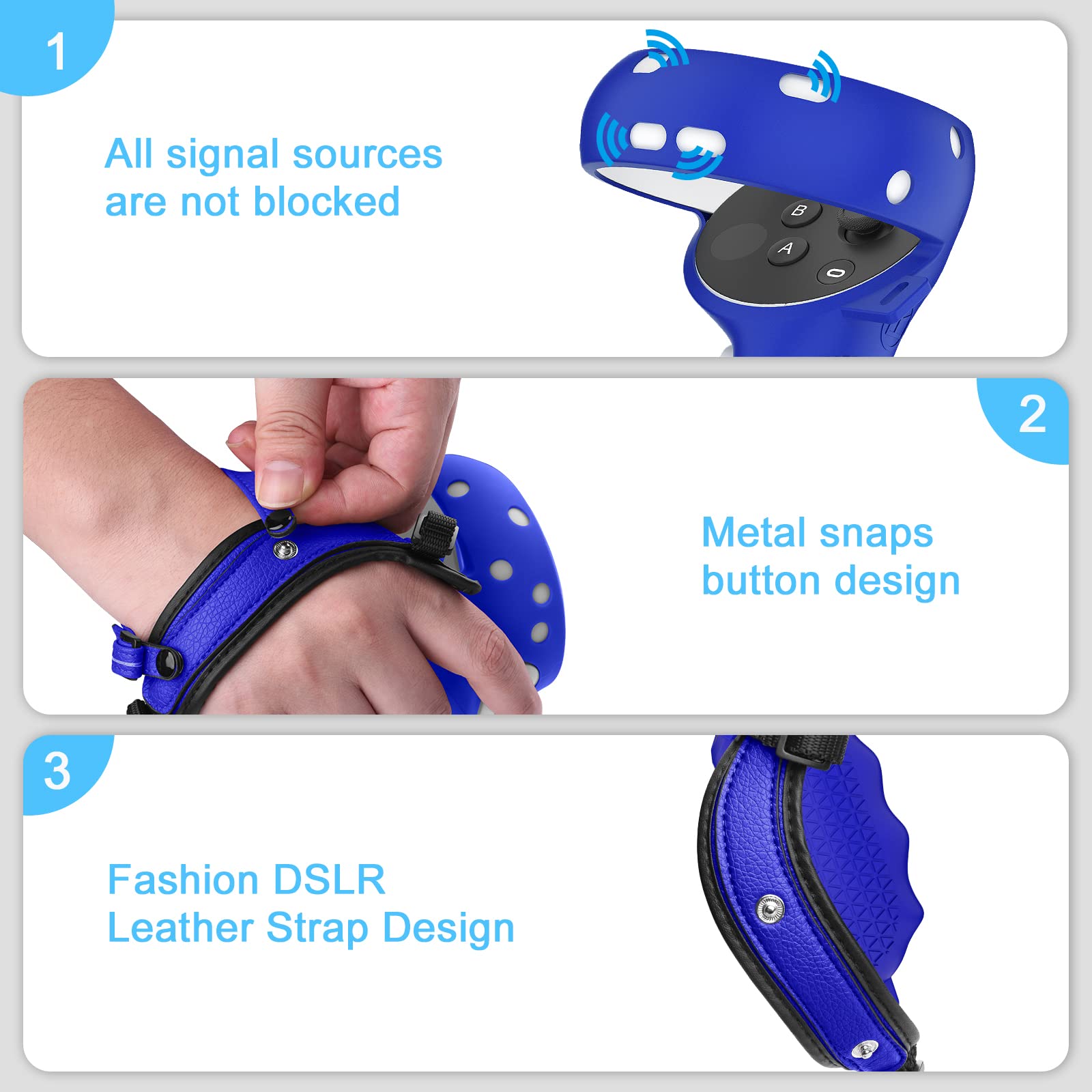Touch Controller Grip Leather Cover for Oculus Quest 2, EWalos Double Protection Anti-Throw Silicone Handle Cover with PU Leather Knuckle Strap, DSLR Hand Strap Style Design(Blue, 1 Pair)