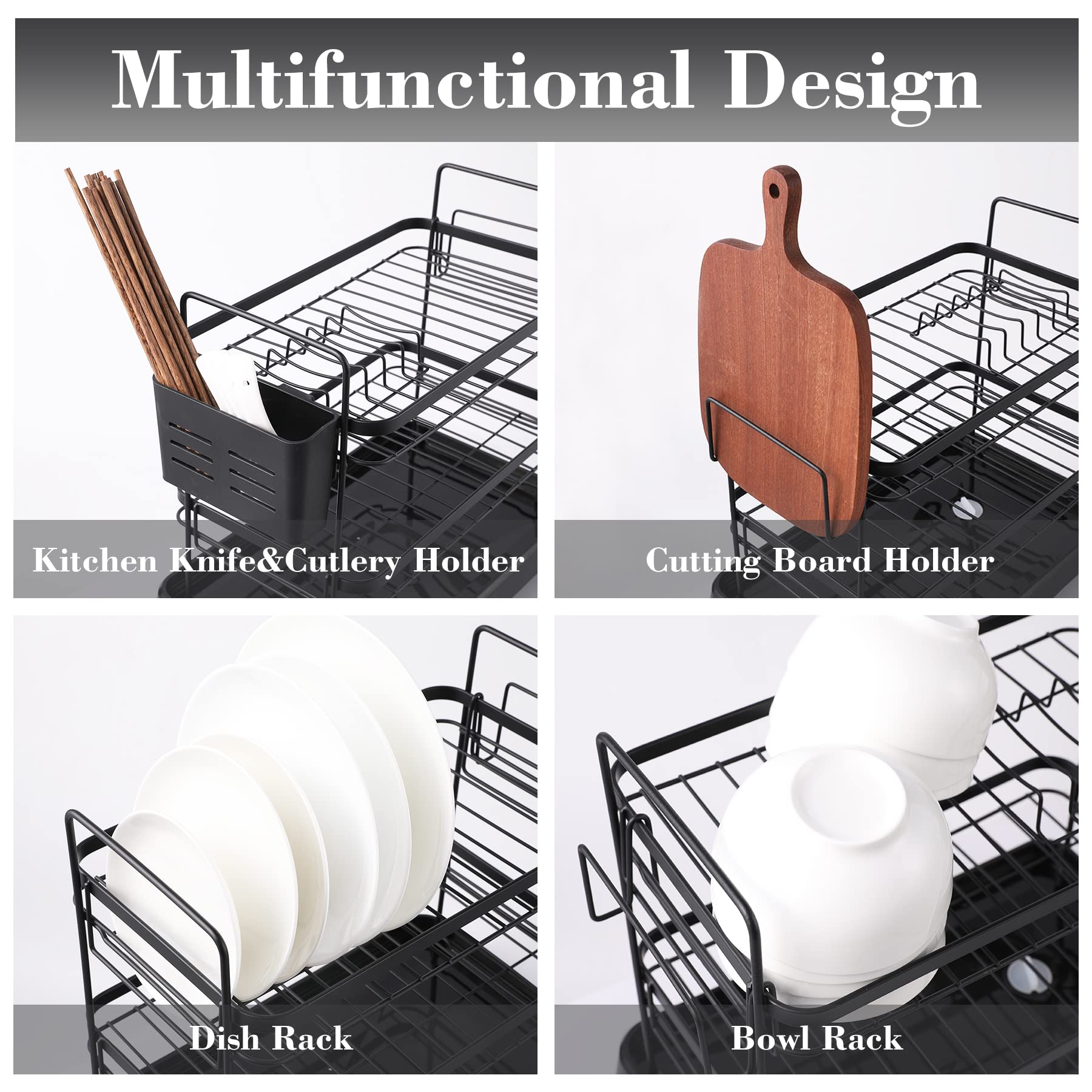 Sikobin Dish Drying Rack Stainless Steel 2 Tier Dish Rack Multifunctional Rustproof Dish Rack with Drainboard Utensil Holder for Kitchen Counter