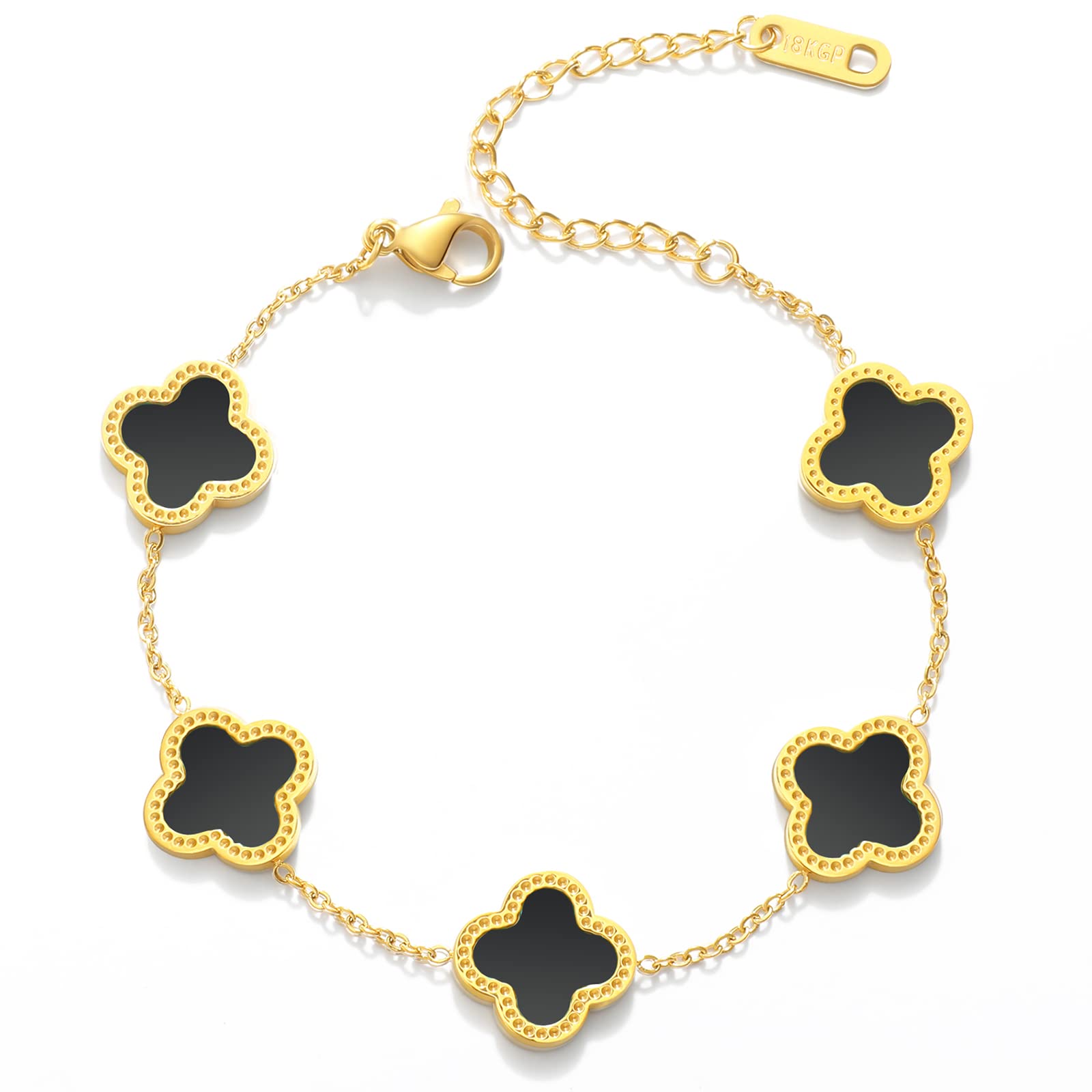 WSupikio Link Bracelets for Women Girls Trendy Bracelet Cute Plated 18K Gold Lucky Adjustable Clover Link Bracelets Mother's Day Christmas Gift Jewelry (Black)