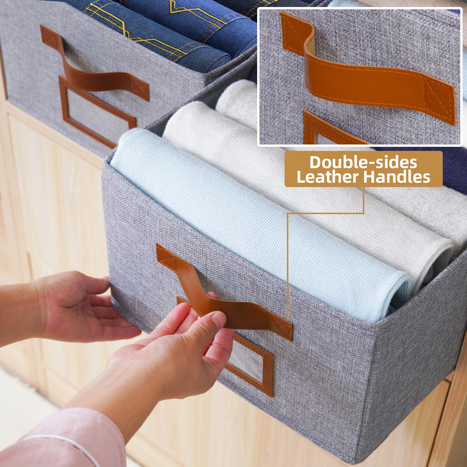OUTBROS Large Foldable Storage Bins for Shelves, 15.7*11.8*7.9inch Fabric Storage Baskets Cubes Organizer Containers with Leather Handles for Closet Office, (Gray, Large, 3-Pack)