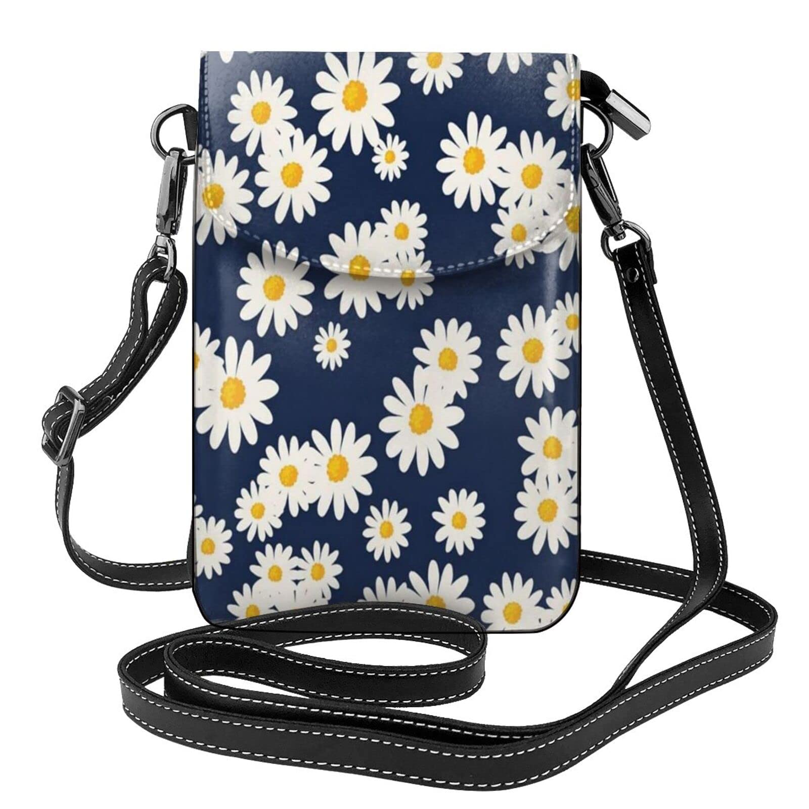 Women Cell Phone Purse Leather Crossbody Bag-Navy Blue Floral Daisy Mini Shoulder Bag Card Holder Wallet