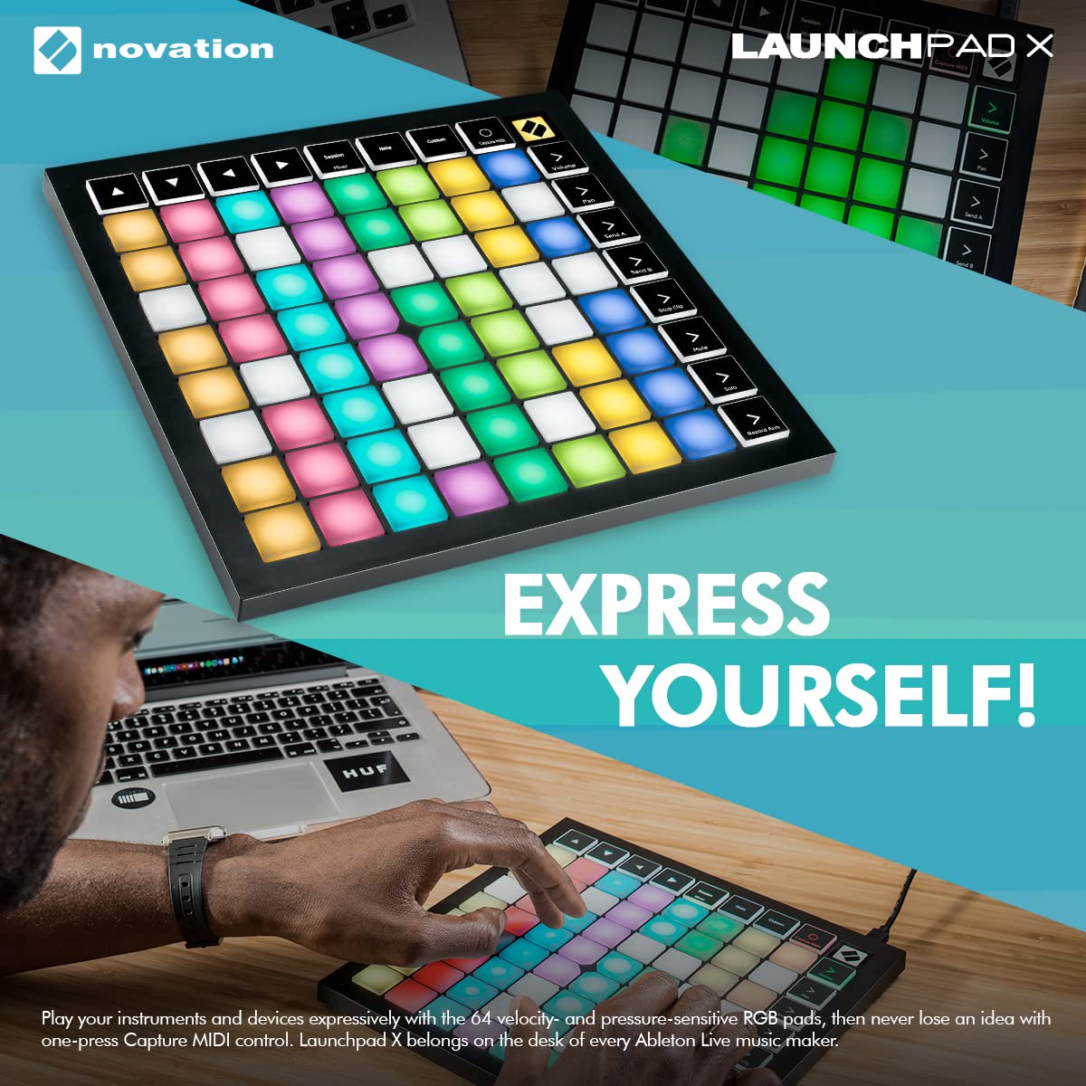 Novation Launchpad X Ableton Live 8x8 64 Backlit RGB Pads Grid Controller w/Software Bundle + SR360 Over-Ear Dynamic Stereo Headphones & Fibertique Microfiber Cleaning Cloth