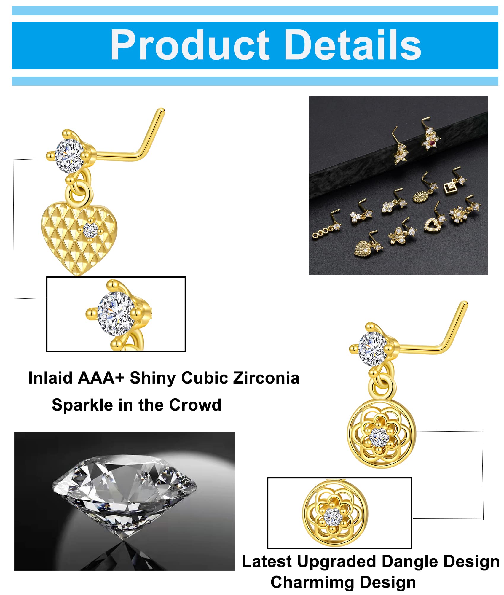 Tornito 12Pcs Nose Ring Studs L Shaped Dangling Butterfly Heart Flower CZ Nose Rings Stud Nostril Body Piercing Jewelry for Women Men 20G Silver Tone