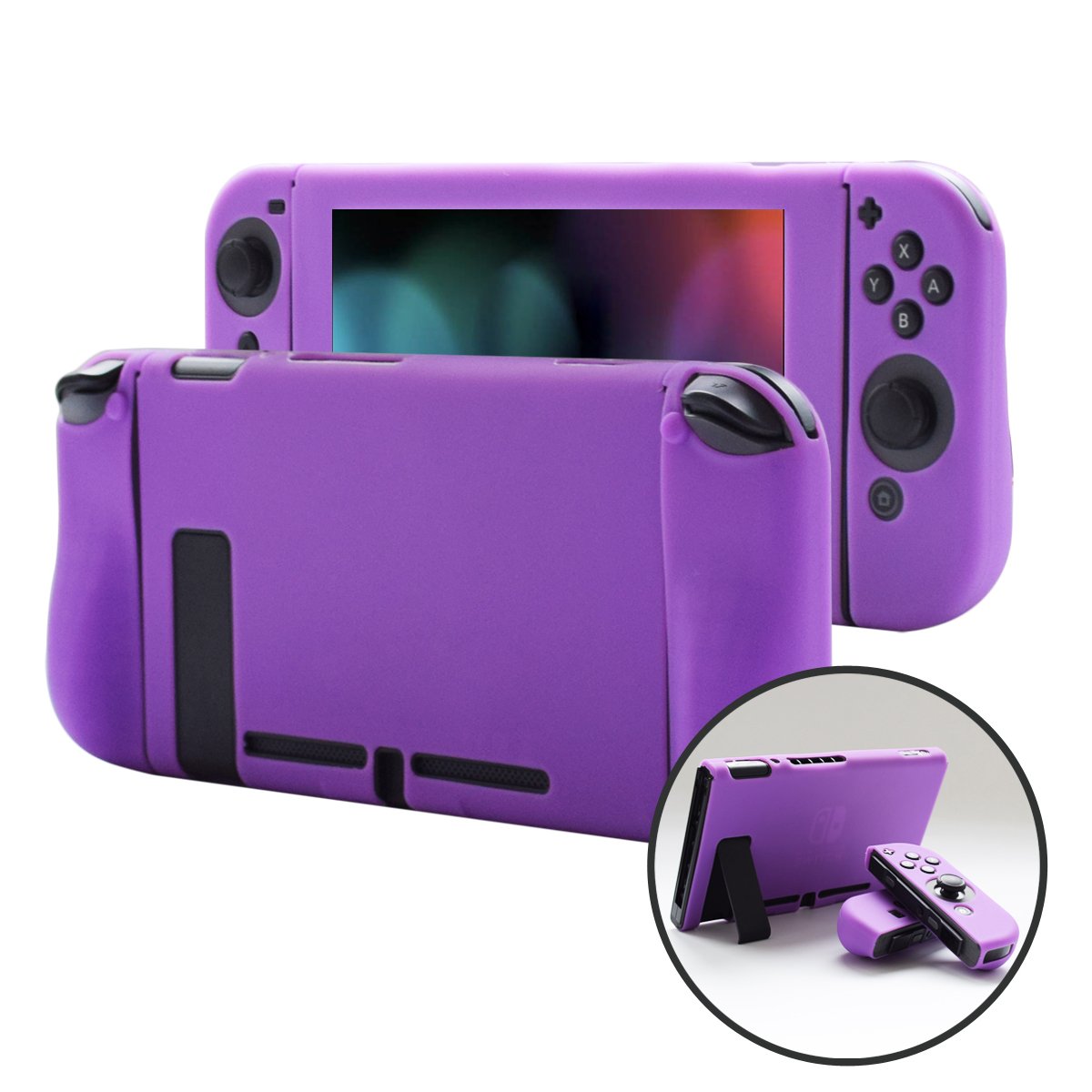 Pandaren Cover Skin Compatible for Nintendo Switch Consoles and Joycon 3in1 Silicone Case with Larger Hand GRIP Protector(Purple)