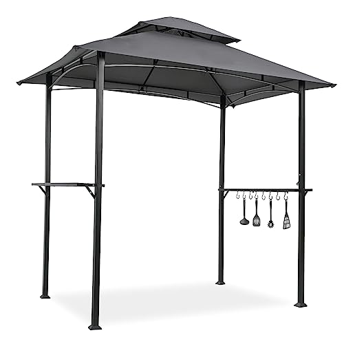 Outdoor Canopy Tent Gazebo with Steel Frame - Double Tier BBQ Gazebo Shelter & Bar Counters - 8 x 5 Ft Grey Outdoor Shelter Tent