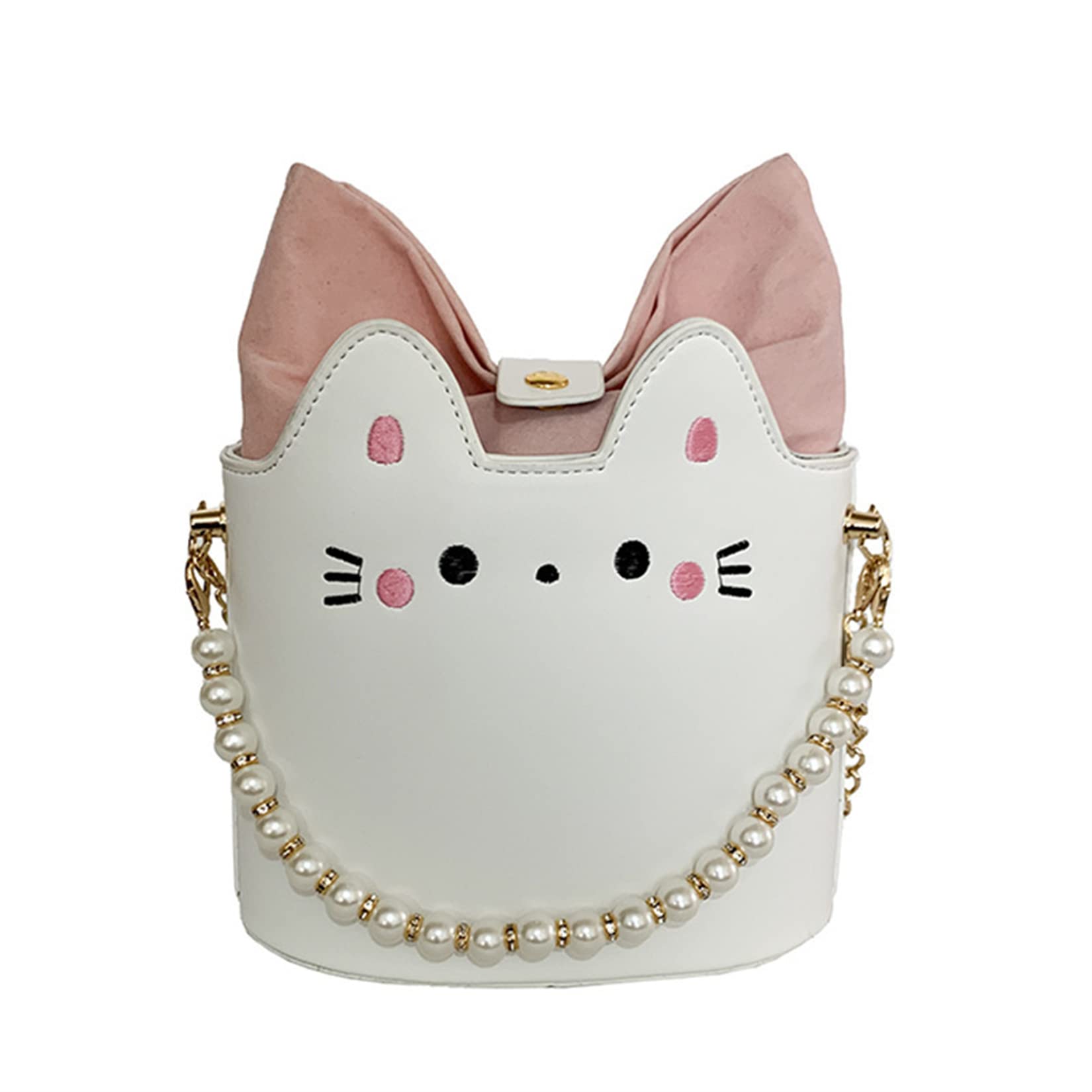 Women Cute Cat Bowknot Magnetic Snap Closure Small Bucket Bag Kawaii Purses Shoulder Handbags (White)