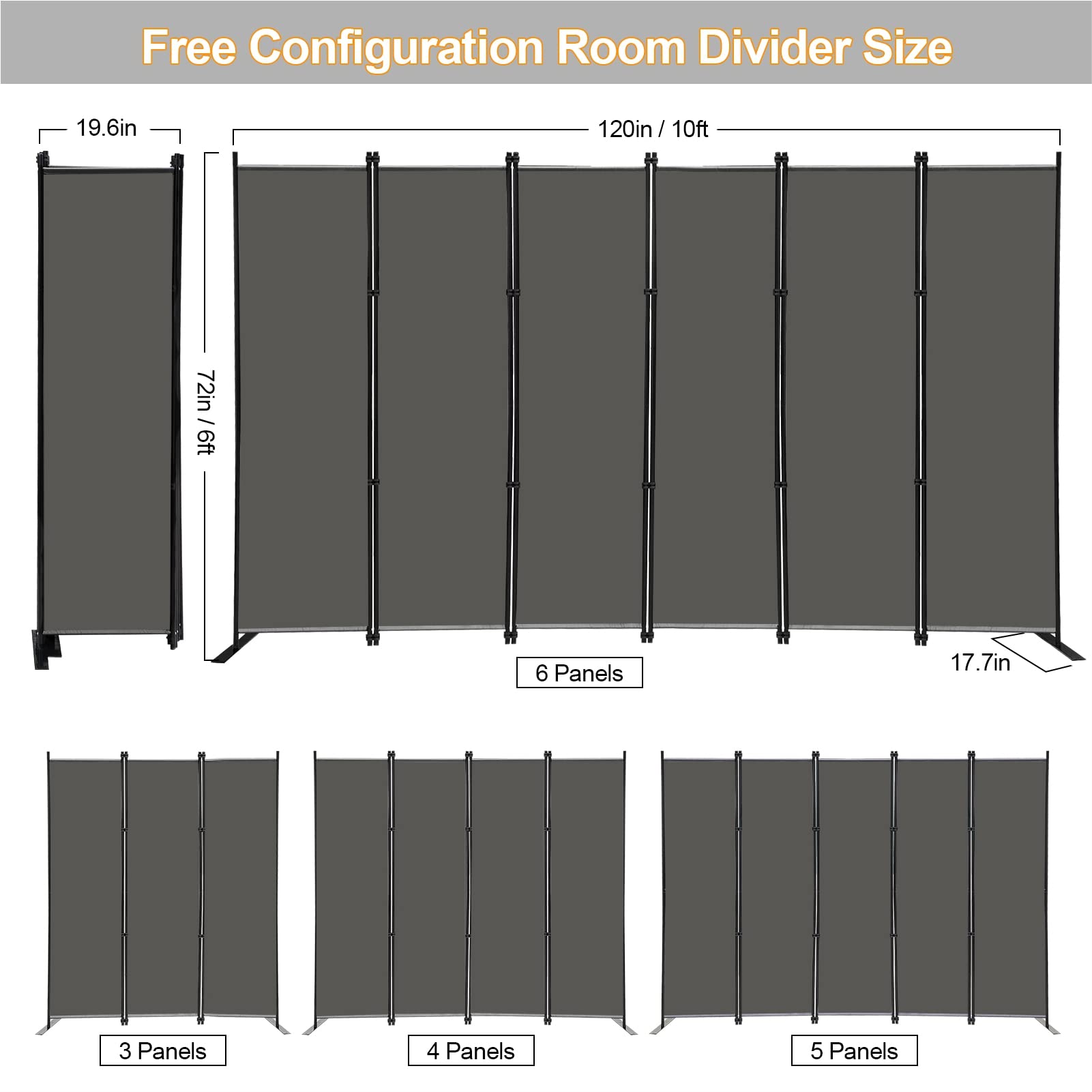 MAYOLIAH 6 Panel Folding Privacy Screen 9ft Wide, 6ft Tall Partition Room Divider Portable Office Walls Dividers Room Separator, Grey