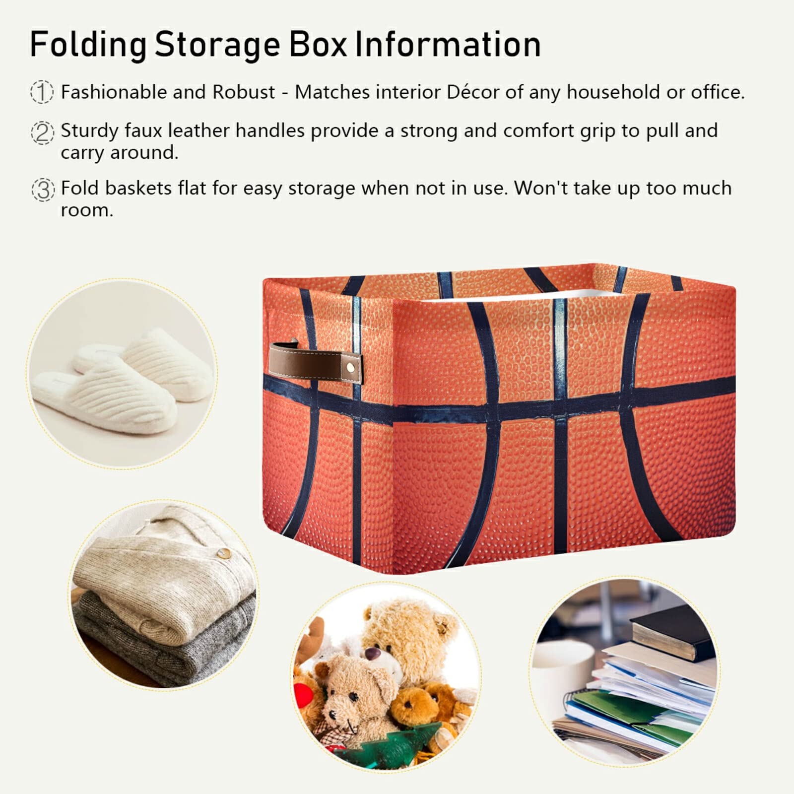 Sport Basketball Storage Bin Canvas Toys Storage Basket Bin Large Storage Cube Box Collapsible with Handles for Home Office Bedroom Closet Shelves,1 pc