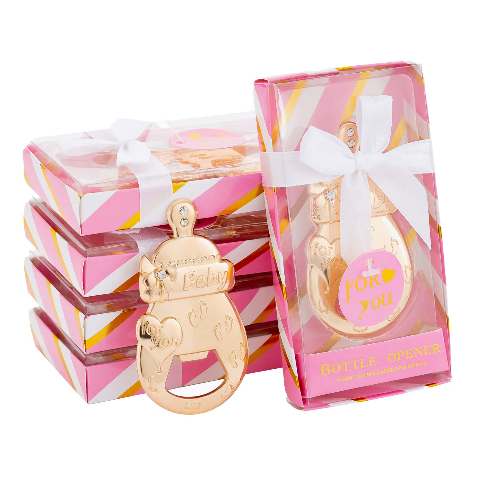Uezea 24 Pieces Baby Bottle Openers Baby Shower Favors, Gifts, Decorations, or Souvenir Guest Gift Boxes, Poppin Design for Boys or Girls (pink)