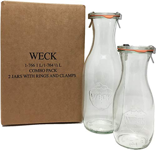 Weck Juice Jar Combo Pack - (1) 766 1-Liter jar (1) 764 1/2-Liter jar with Glass Lids, Rubber Rings and Steel Clamps & Keep Fresh Lids