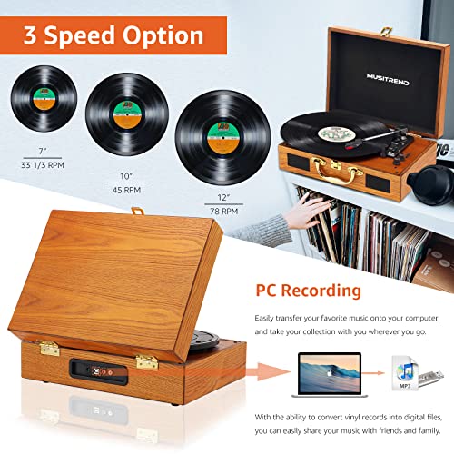 MUSITREND Musitrend Nostalgic Record Player with Bluetooth 3 Speed Turntable Belt Driven Portable Suitcase fit for Home Decoration, Brown (T316WI-USWI)