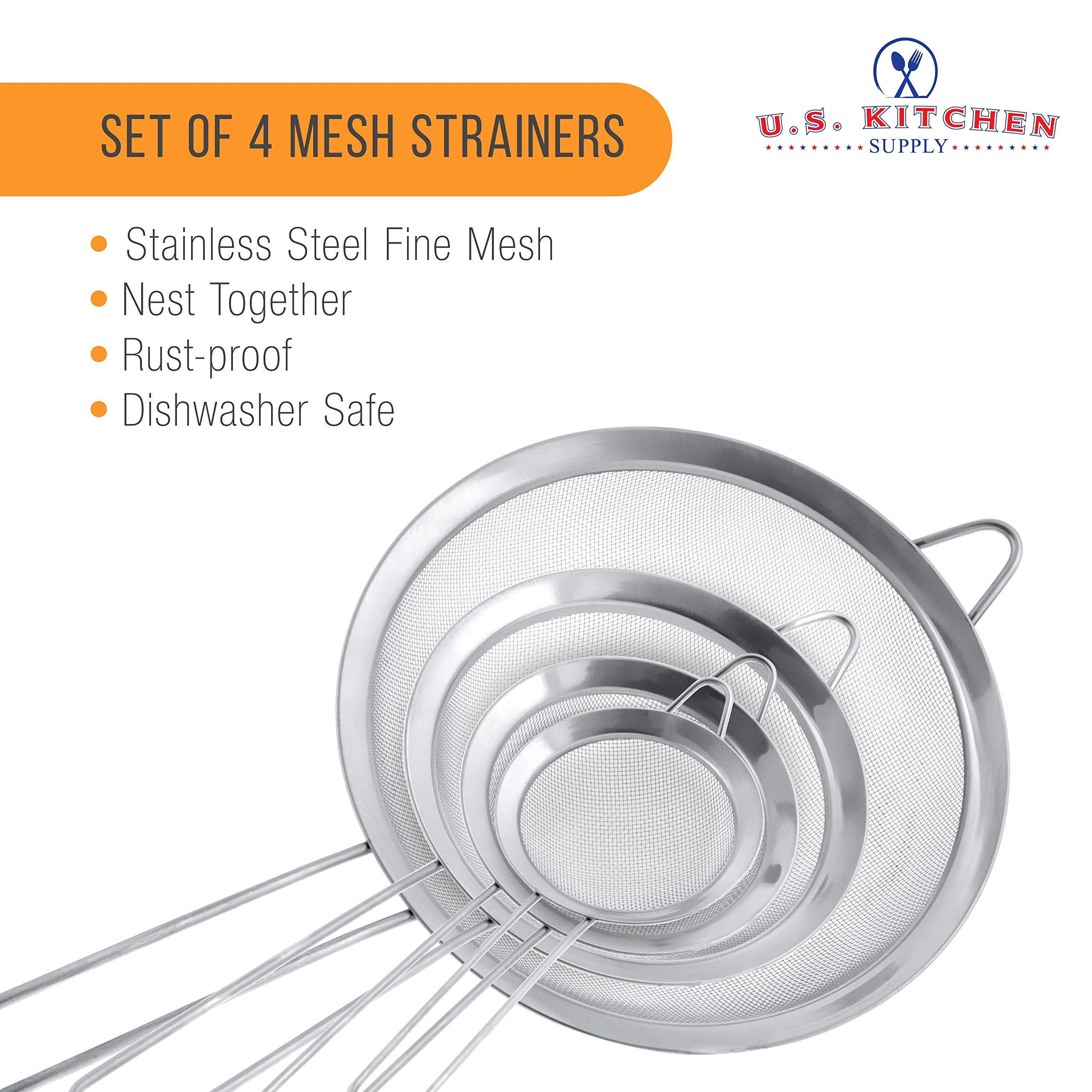 U.S. Kitchen Supply - Set of 4 Premium Quality Fine Mesh Stainless Steel Strainers - 3", 4", 5.5" and 8" Sizes - Sift, Strain, Drain and Rinse Vegetables, Pastas & Tea