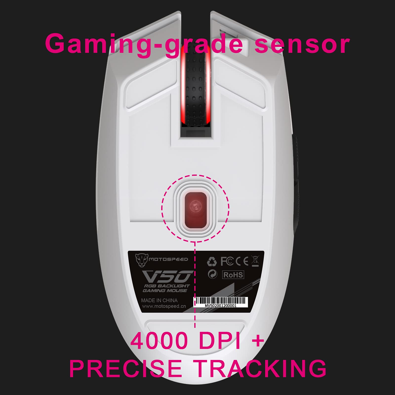 Motospeed V50 Wired Gaming Mouse, 4,000 DPI, Rainbow Optical Effect LIGHTSYNC RGB