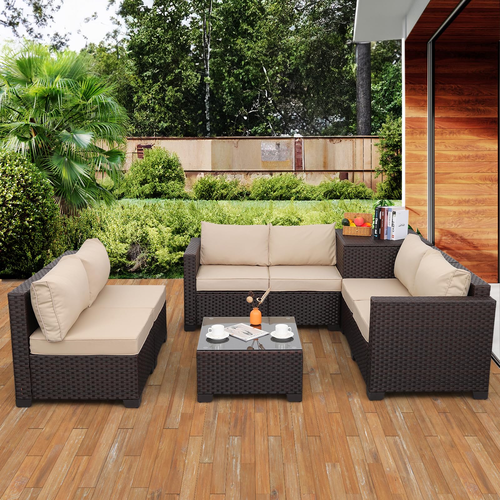 Patio PE Wicker Furniture Set 6 Pieces Outdoor Brown Rattan Sectional Conversation Sofa Chair with Storage Table and Red Cushions