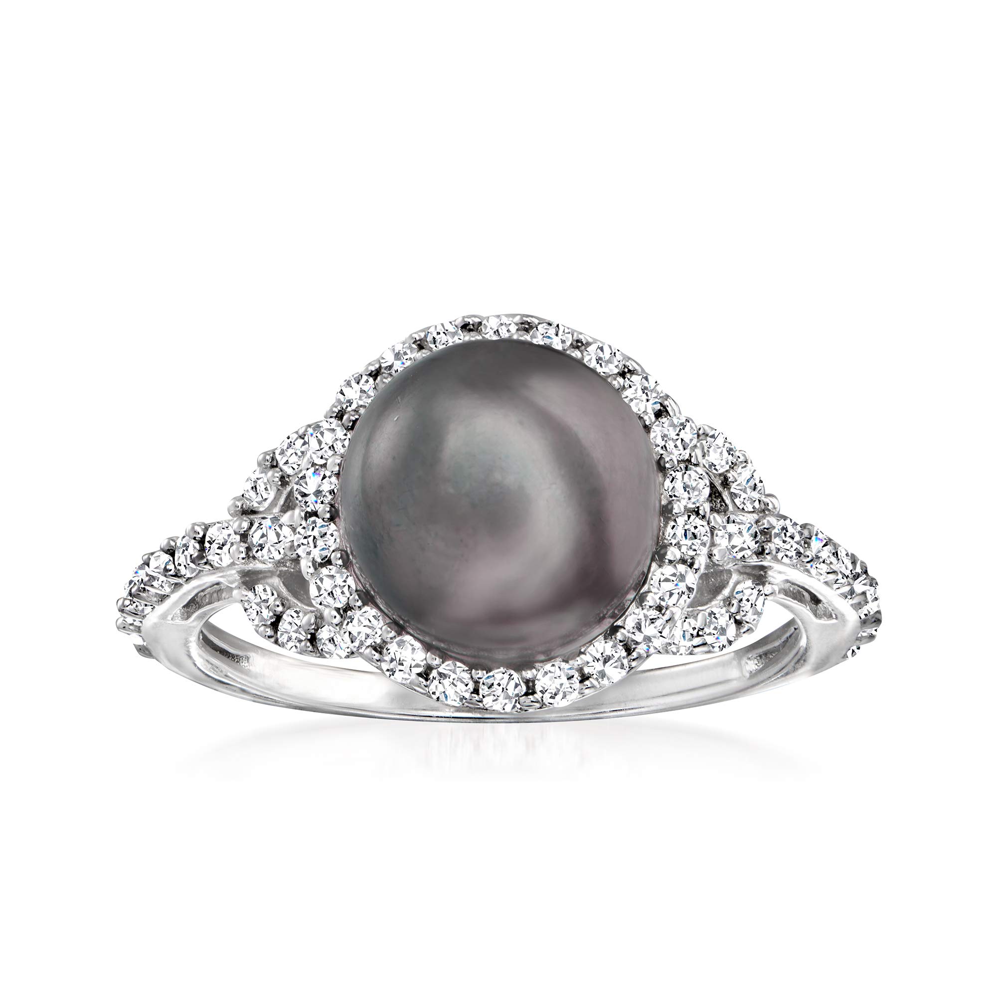 Ross-Simons 8.5-9mm Black Cultured Pearl and .50 ct. t.w. CZ Ring in Sterling Silver. Size 6