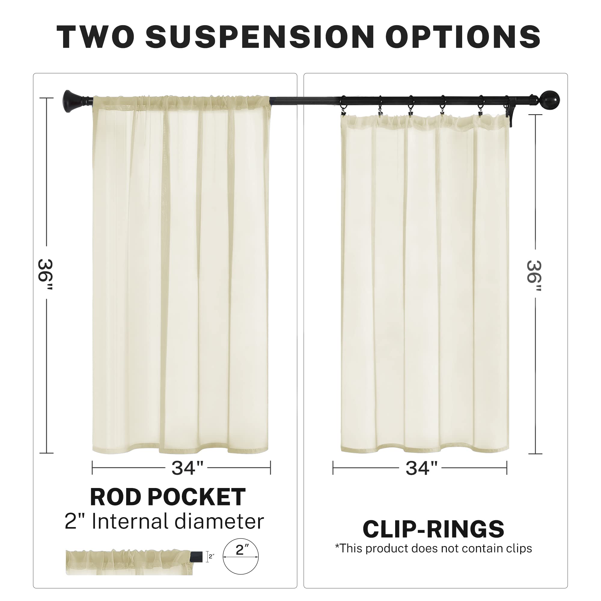 MRTREES Beige Sheer Curtains 34 x 36 inch Length Kitchen Tier Short Curtains Light Filtering Rod Pocket Voile Cafe Curtains for Kitchen Bathroom Small Half Window 2 Panels