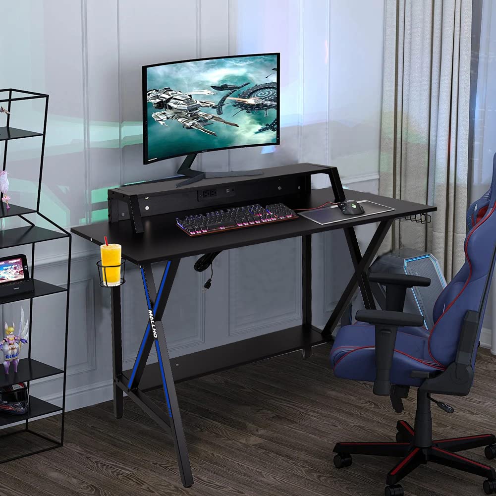 Polar Aurora X-Shaped Gaming Desk 47.5" W x 23.5" D Home Office Computer Table, Black Gamer Workstation w/a Monitor Stand, Cable Management Hole and Built-in Multi-Function Socket(Blue)
