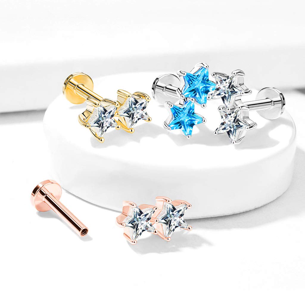 Pierced Owl 16GA Twin CZ Crystal Star Top Monroe Labret Cartilage Ear Stud (Silver Tone/Aqua)