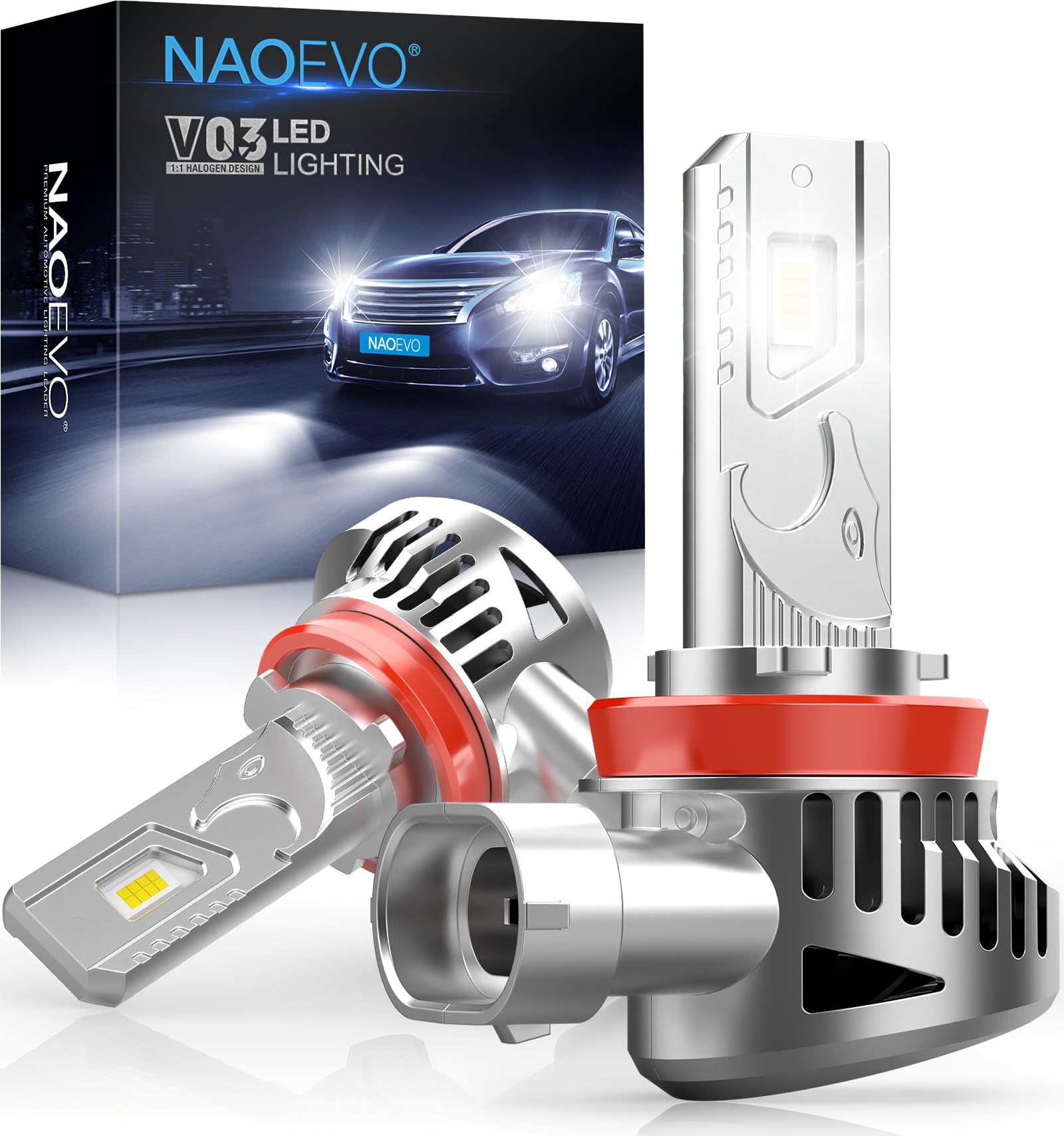 NAOEVO 9005 H11 LED Bulbs Combo, 1:1 Mini Size 32000LM 400% Super Brightness 6500K, Wireless HB3 H8 High and Low Beam Bulbs, Halogen Replacement H11 LED Fog Light Bulbs, Plug and Play, Pack of 4