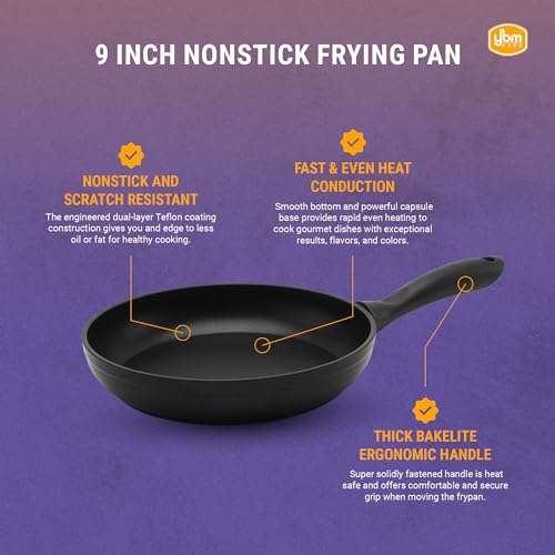 YBM HOME Non-Stick Aluminum Induction Compatible Frying Pan with Handle for Omelets, Simmering, Sautéing, and Braising, Black - 9.5 Inch
