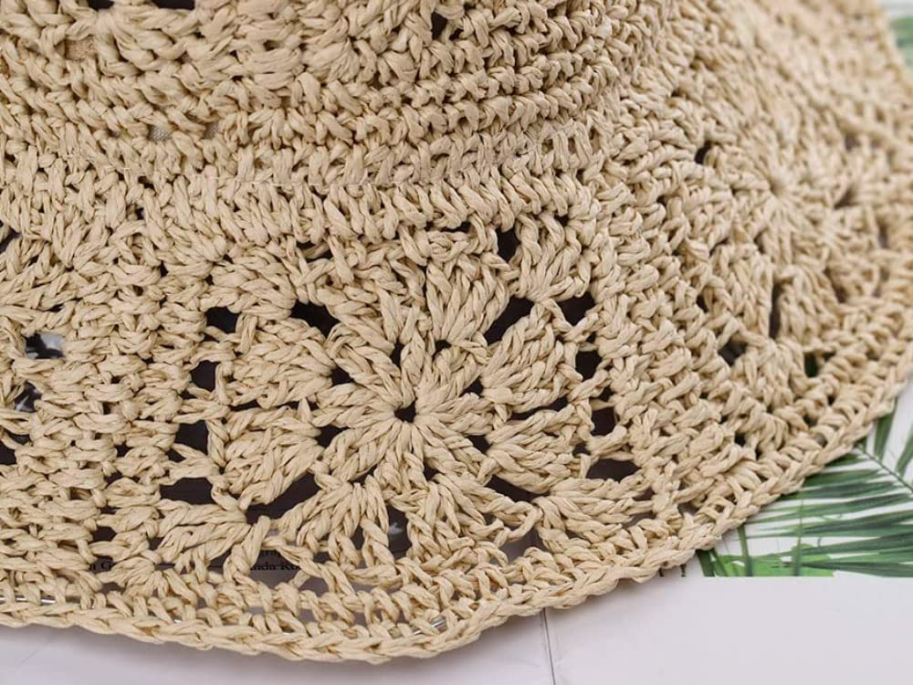 Women Straw Sun Hat Floral Woven Crochet Bucket Hat Y2k Aesthetic Accessories Beach Hat Hand Woven Boho Foldable Cap (Beige,One Size)