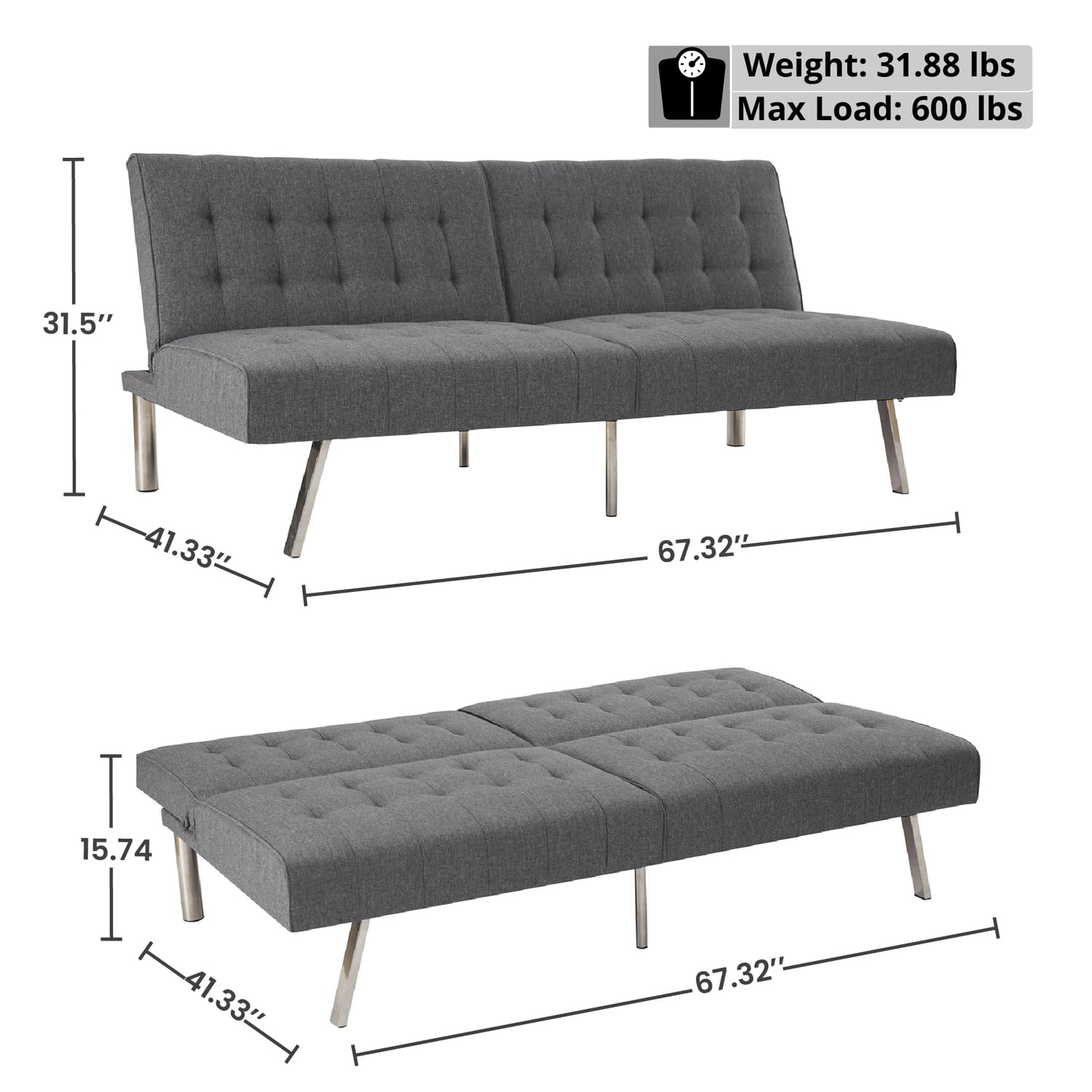 Naomi Home Tufted Futon Sofa Bed Pull Out Sofa Bed Couch Convertible with Wooden Legs, Folding, Reclining Small Couch Bed, Futon Bed for Living Room (Gray, Tufted Split Back/Linen)