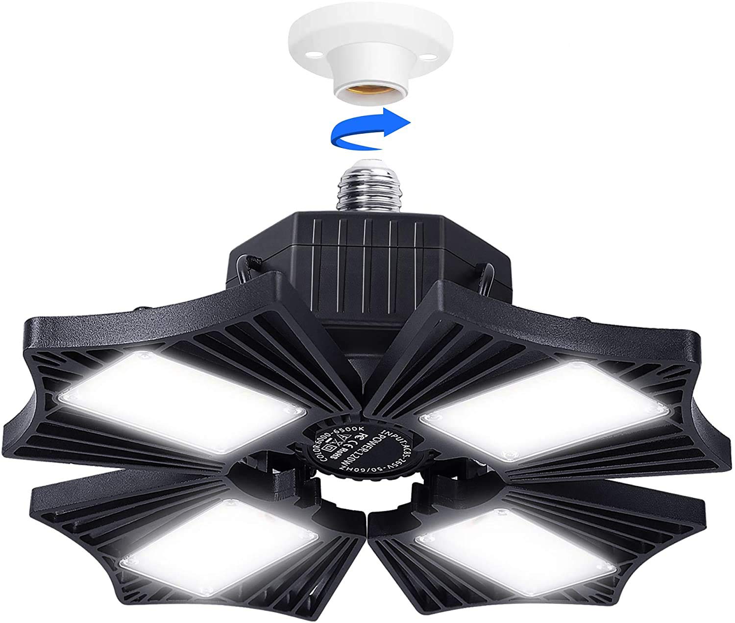 REEXBON Garage Lights Motion Sensor LED Shop Light 120W 12000LM Ceiling Light Deformable Barn Lights High Bay Light with 4 Adjustable Panels for Garage,Warehouse,Workshop,Attic,Basement