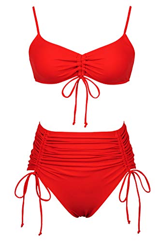 Meyeeka Women Sexy Two Pieces High Waist Tummy Control Swimsuits Padded Push Up Bikini Sets L Red