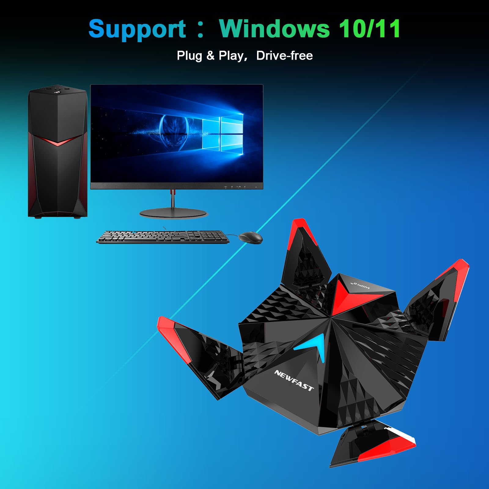 NEWFAST AX5400 WiFi 6 Adapter, USB 3.0 WiFi 6E Adapter for Gaming PC, 5400Mbps Tri-Band E-Sports Wireless Adapter for Desktop PC Laptop, Wireless Network Adapter WiFi Dongle Supports Windows 11/10